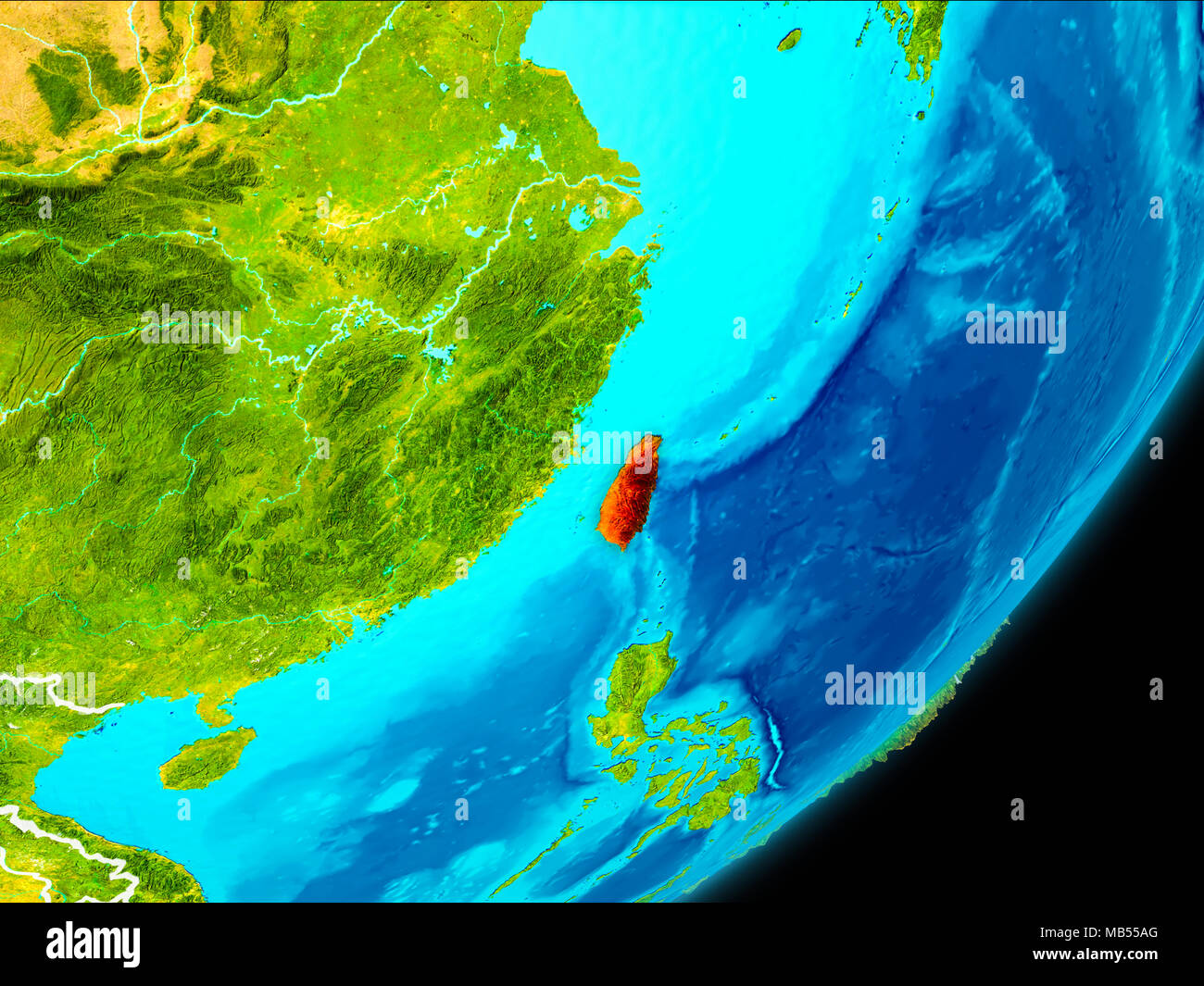 Map of Taiwan in red as seen from space on planet Earth with white ...