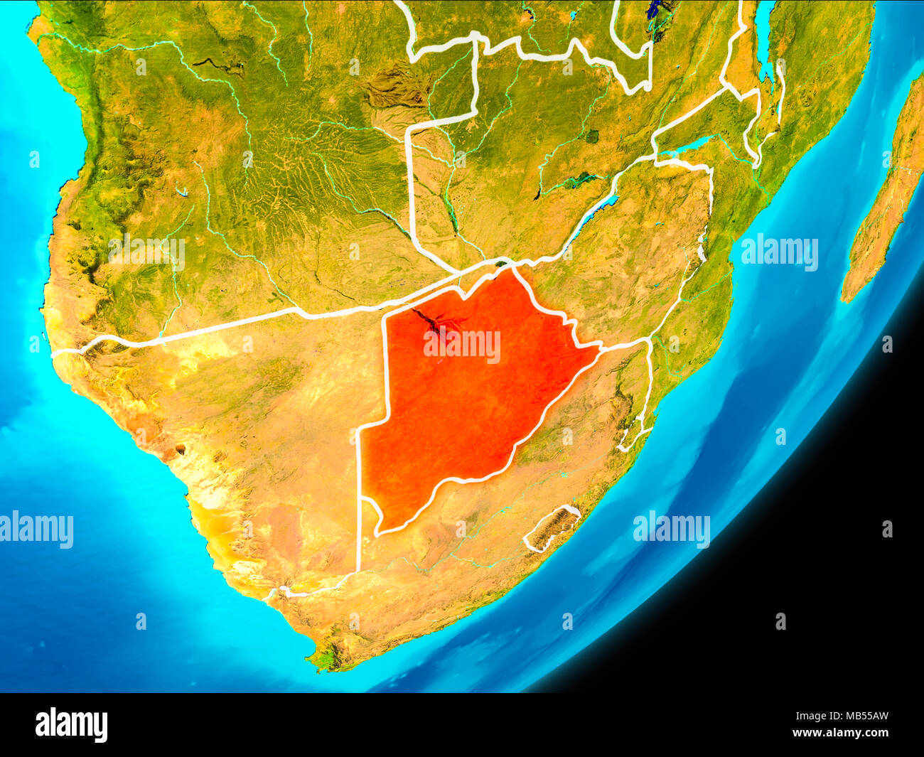 Map of Botswana in red as seen from space on planet Earth with white ...