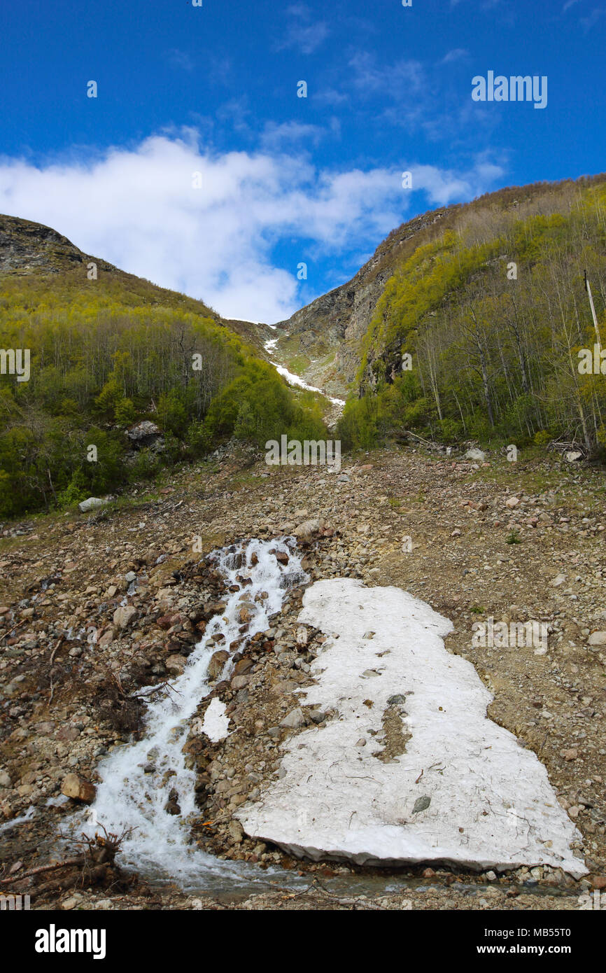 Mountain stream of melting snow water at sunny day Stock Photo - Alamy