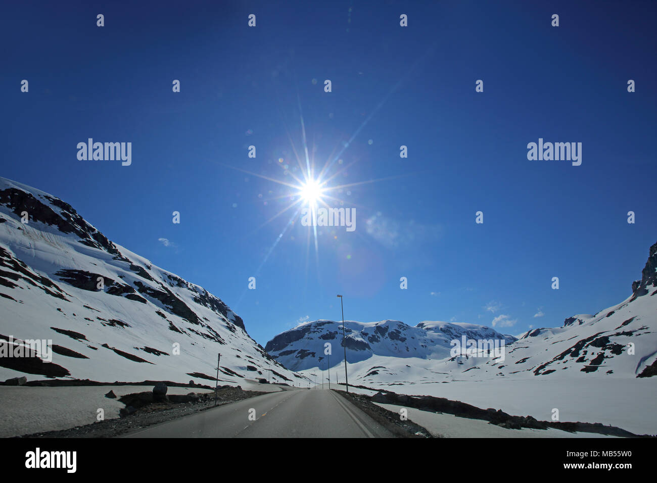Spring valley landscape with mountains and melting snow, Norway Stock ...