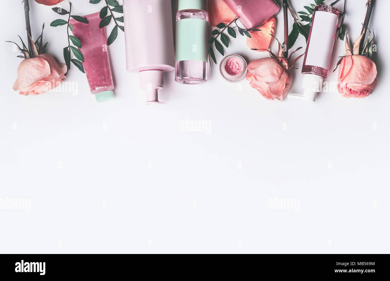 Cosmetics set with Rose essential oils: toner,serum, essence ...