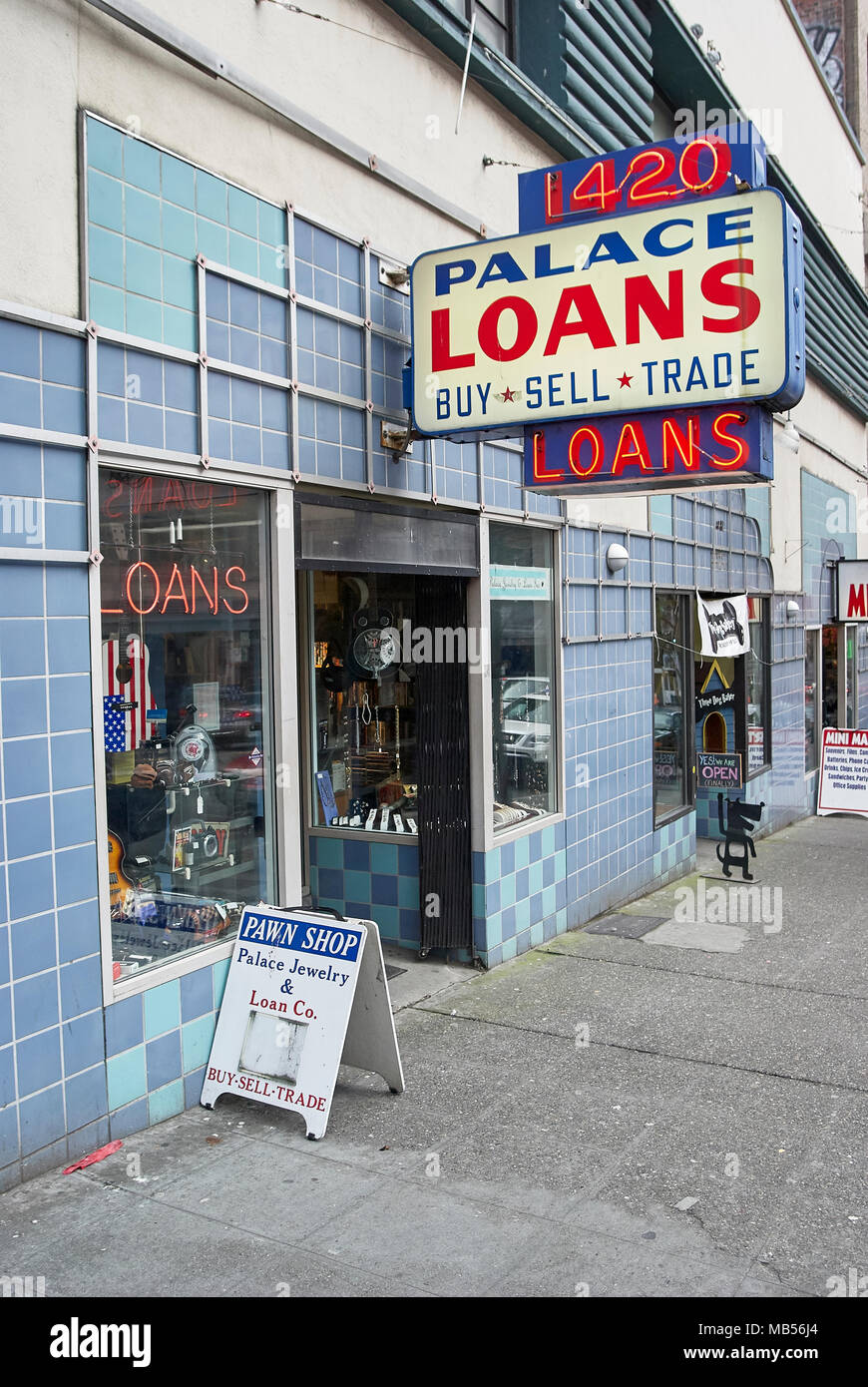 facade and signs for a pawn shop in downtown seattle, washington state ...