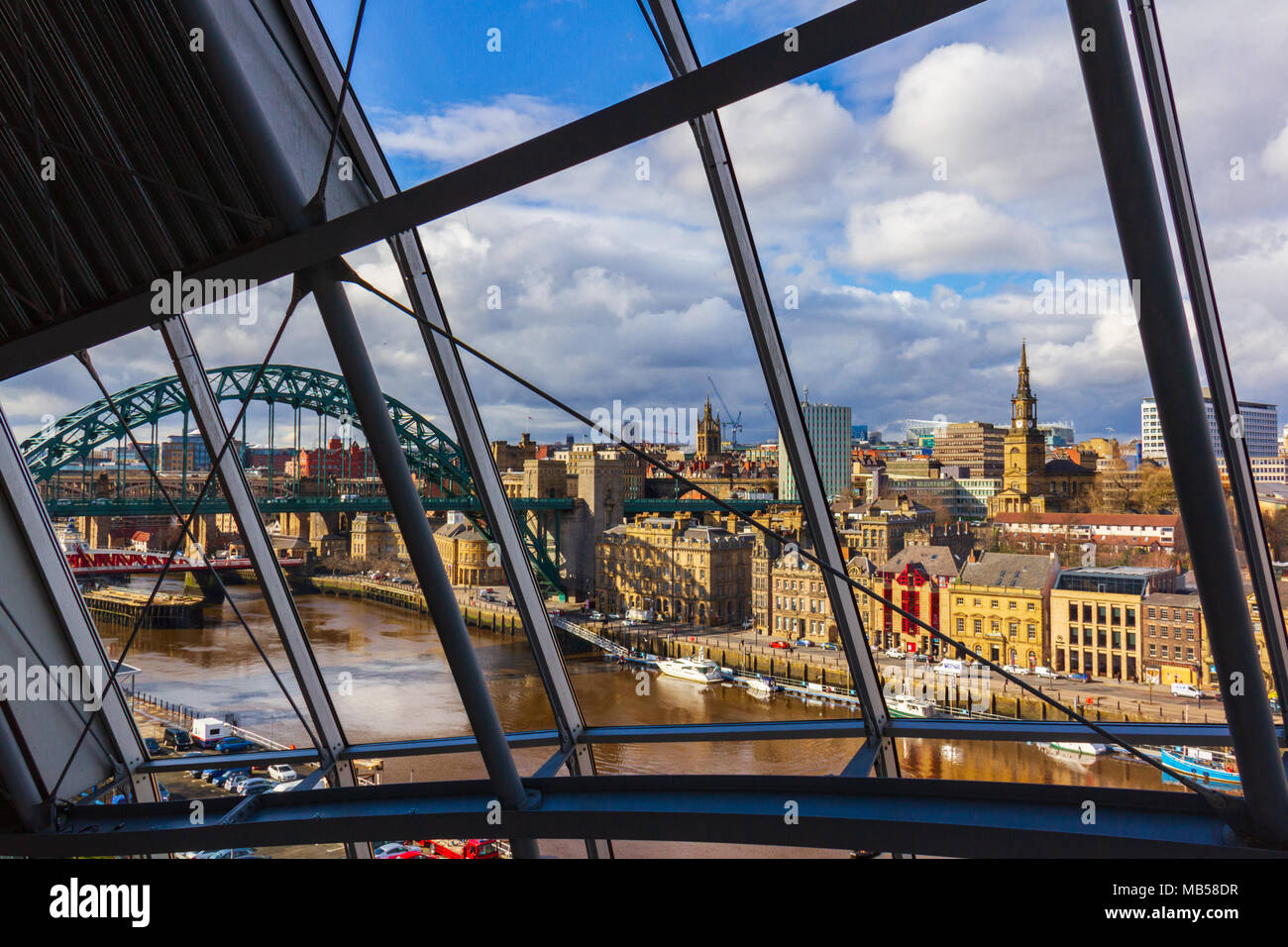 Newcasstle city Skyline through Sage Gateshead windows with River Tyne ...