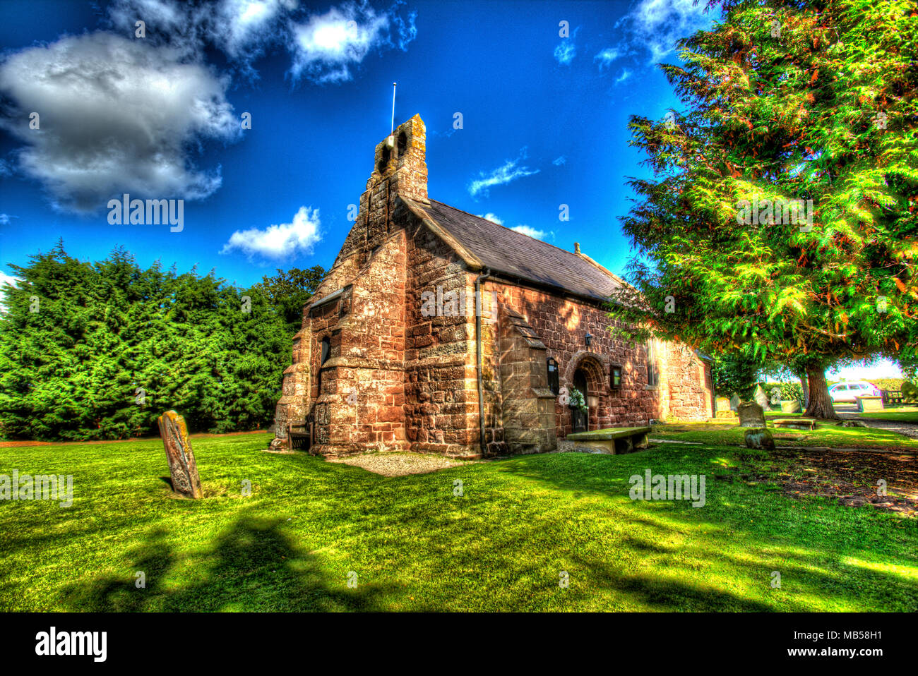 Village of Shocklach, Cheshire, England. Artistic dusk view the Grade I ...
