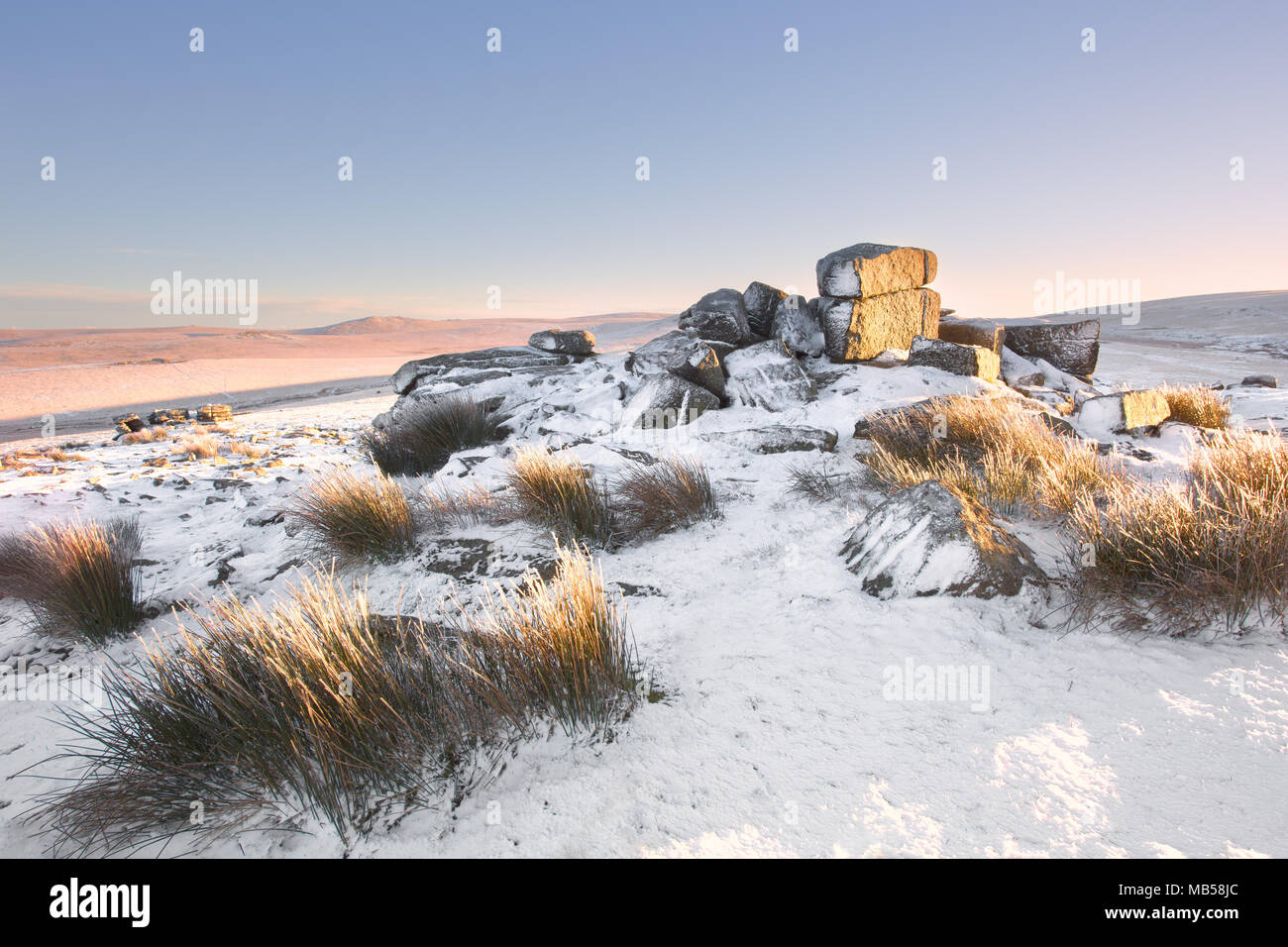 Snow on Rowtor Dartmoor national park Devon uk Stock Photo - Alamy