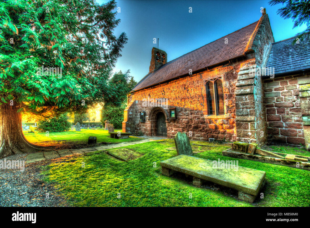 Village of Shocklach, Cheshire, England. Artistic dusk view the Grade I ...