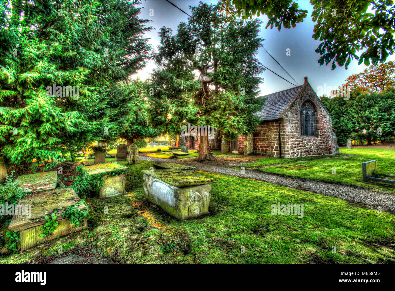 Village of Shocklach, Cheshire, England. Artistic dusk view the Grade I ...