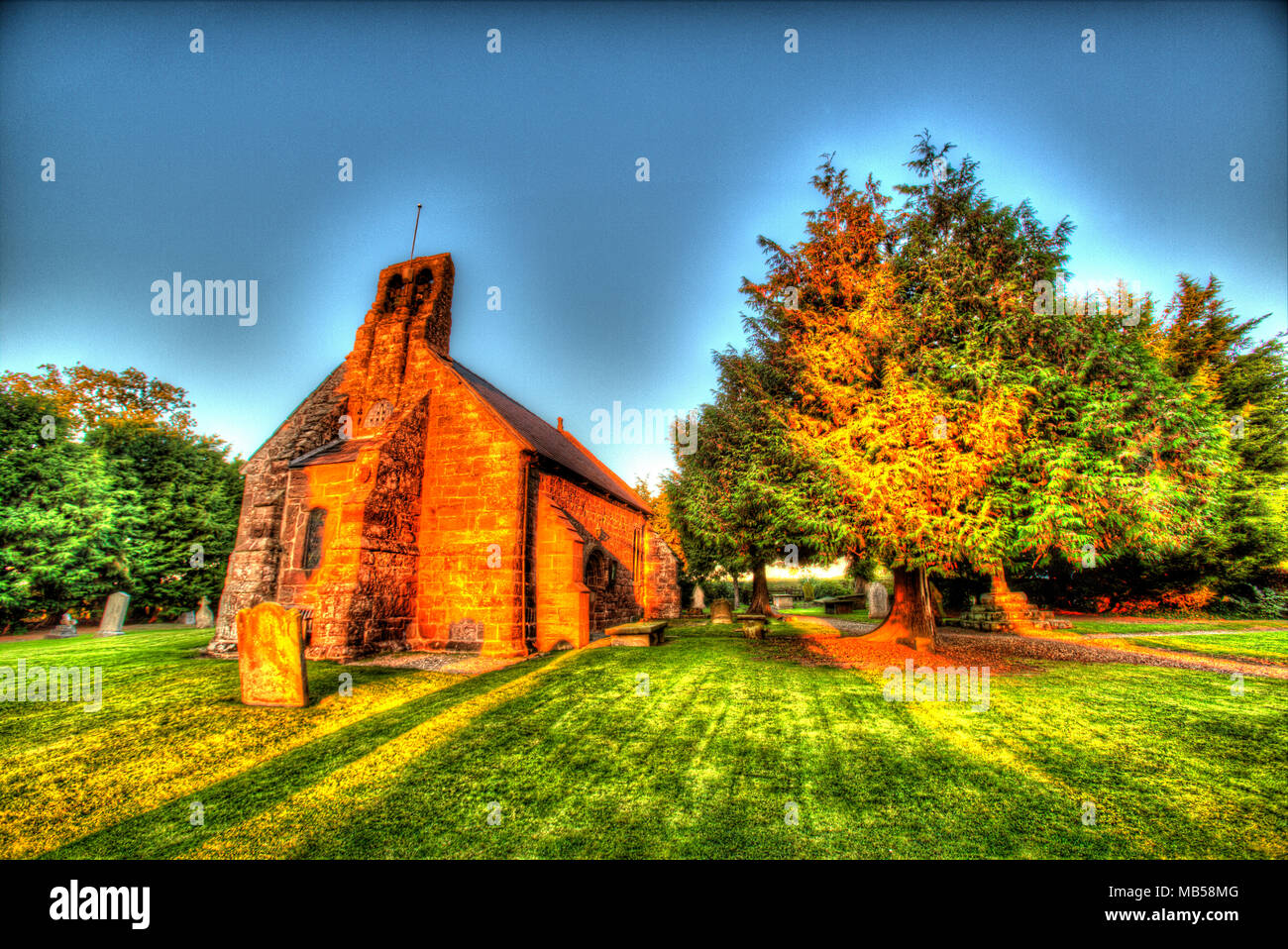 Village of Shocklach, Cheshire, England. Artistic dusk view the Grade I ...