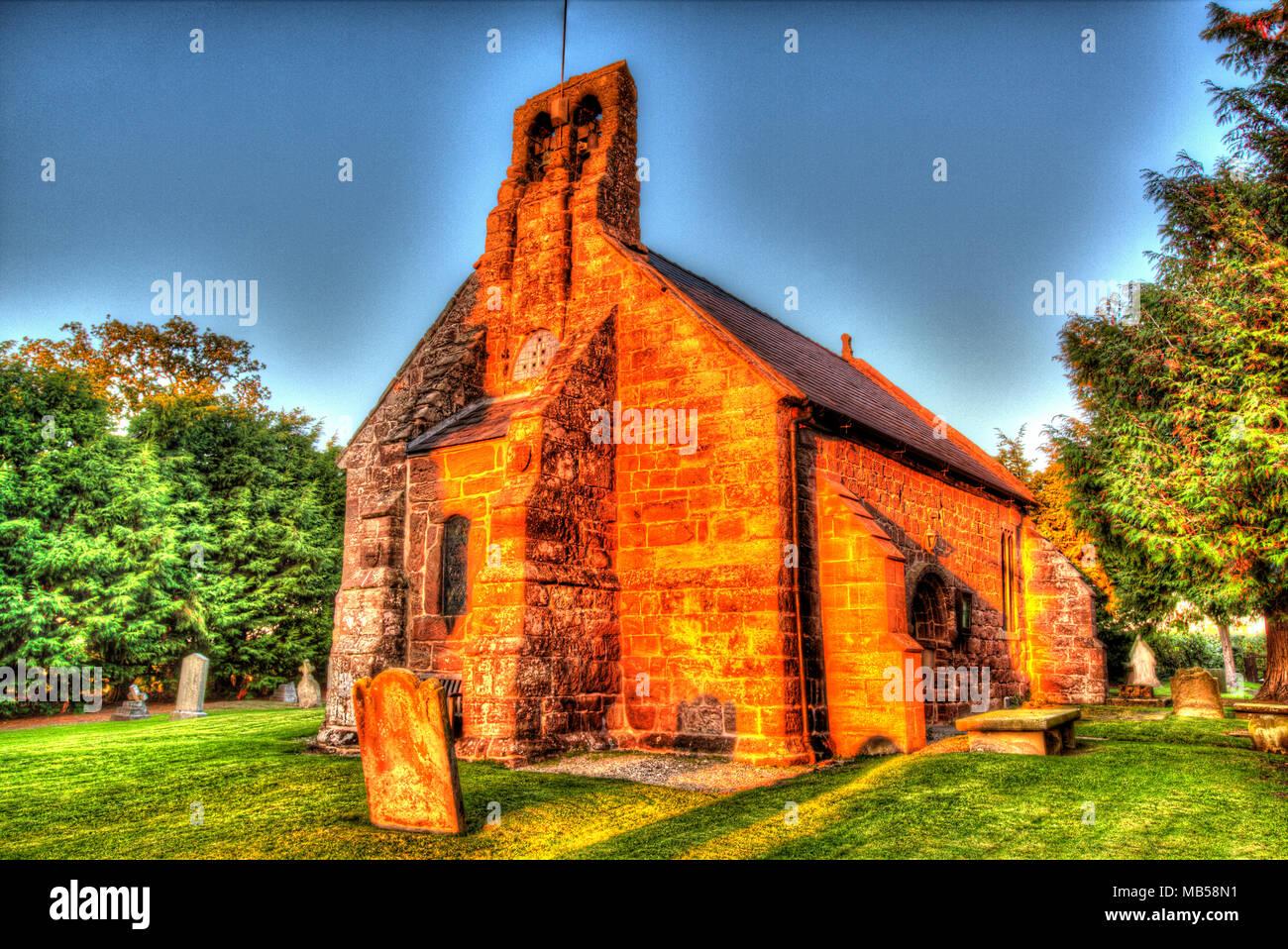 Village of Shocklach, Cheshire, England. Artistic dusk view the Grade I ...