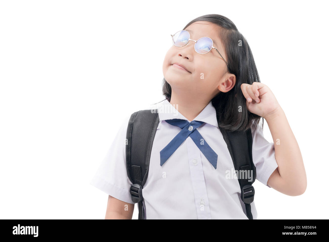 cute asian student wear glasses with bag thinking isolated on white ...