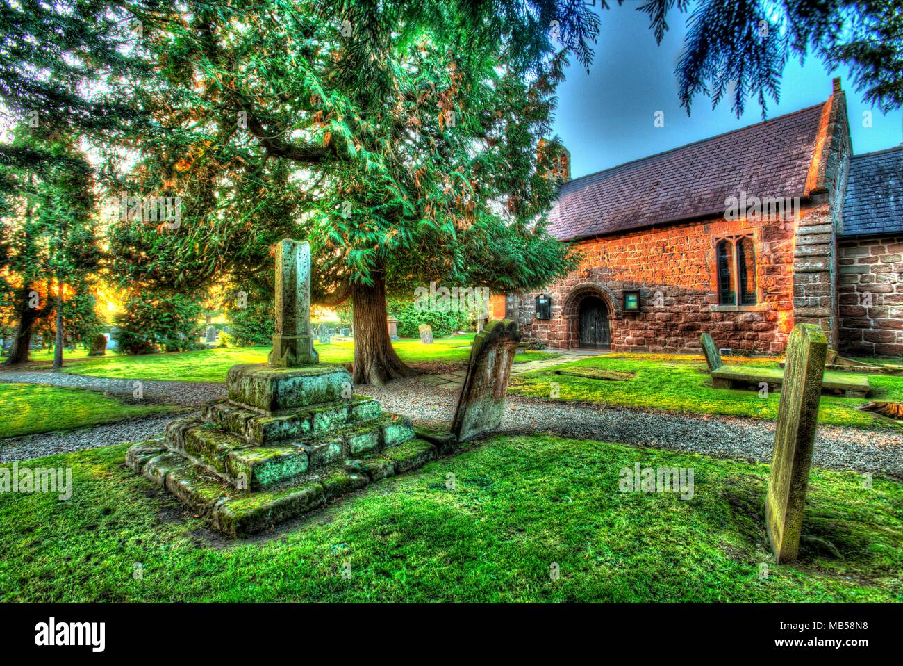 Village of Shocklach, Cheshire, England. Artistic dusk view the Grade I ...