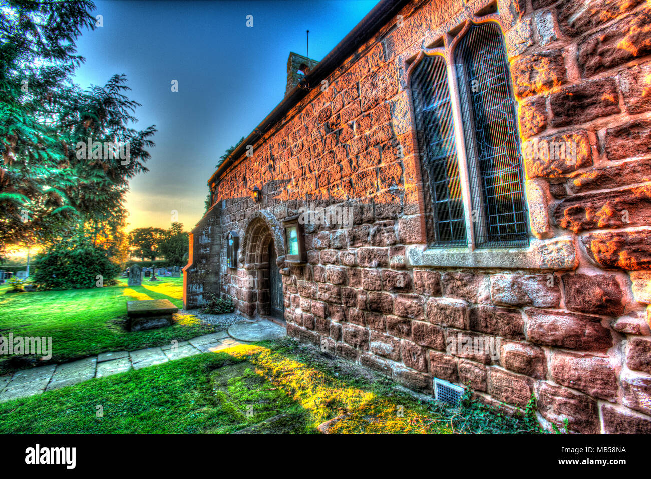 Village of Shocklach, Cheshire, England. Artistic dusk view the Grade I ...
