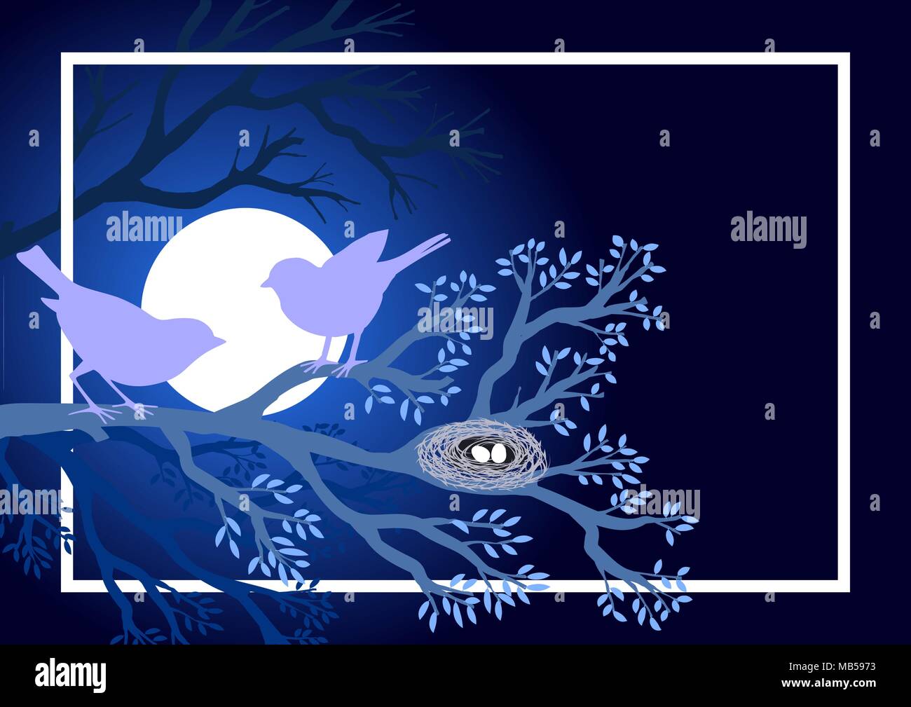 Floral design with silhouettes of birds on branch and night sky with ...