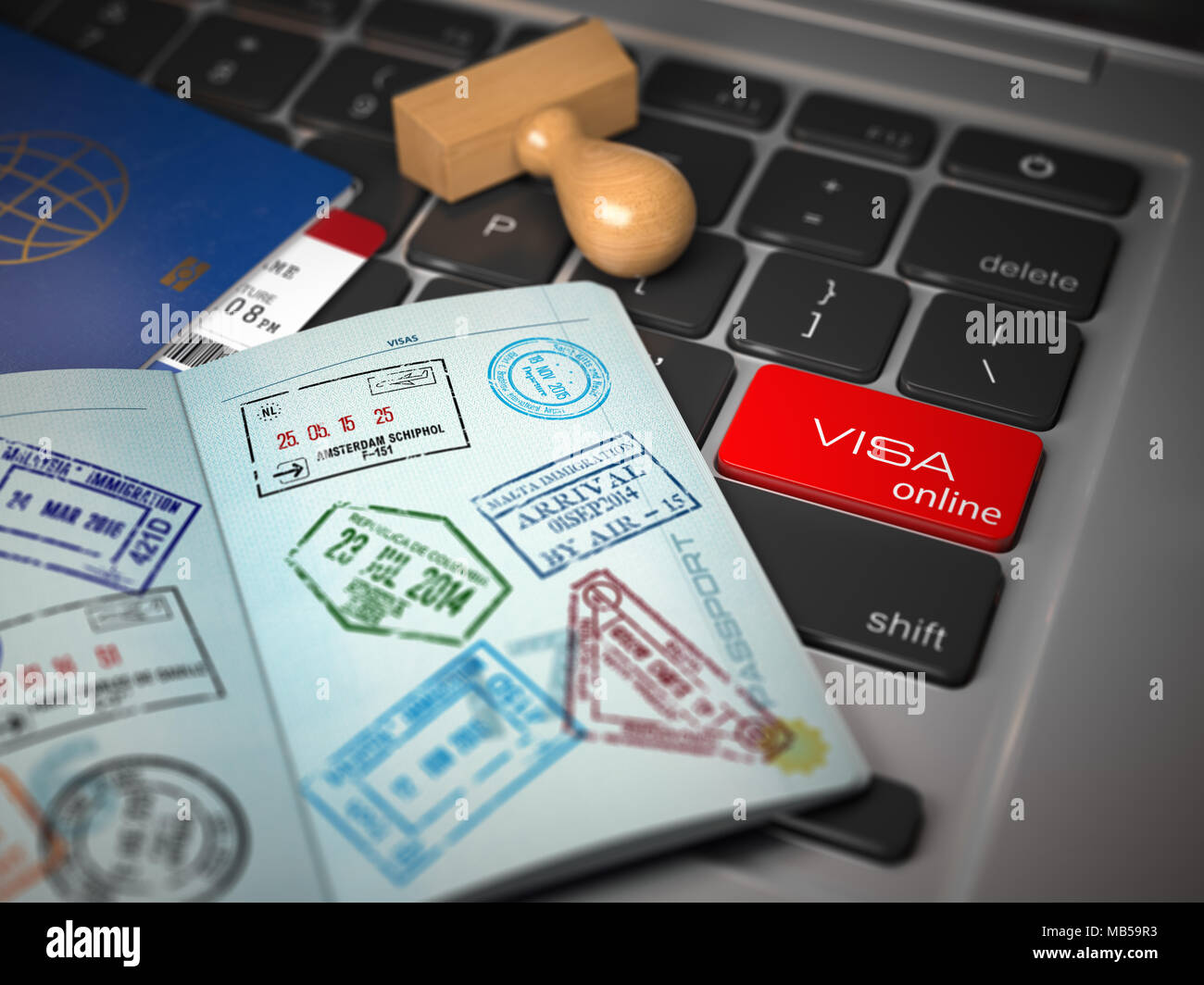 Visa online application concept. Opened passport with visa stamps with ...