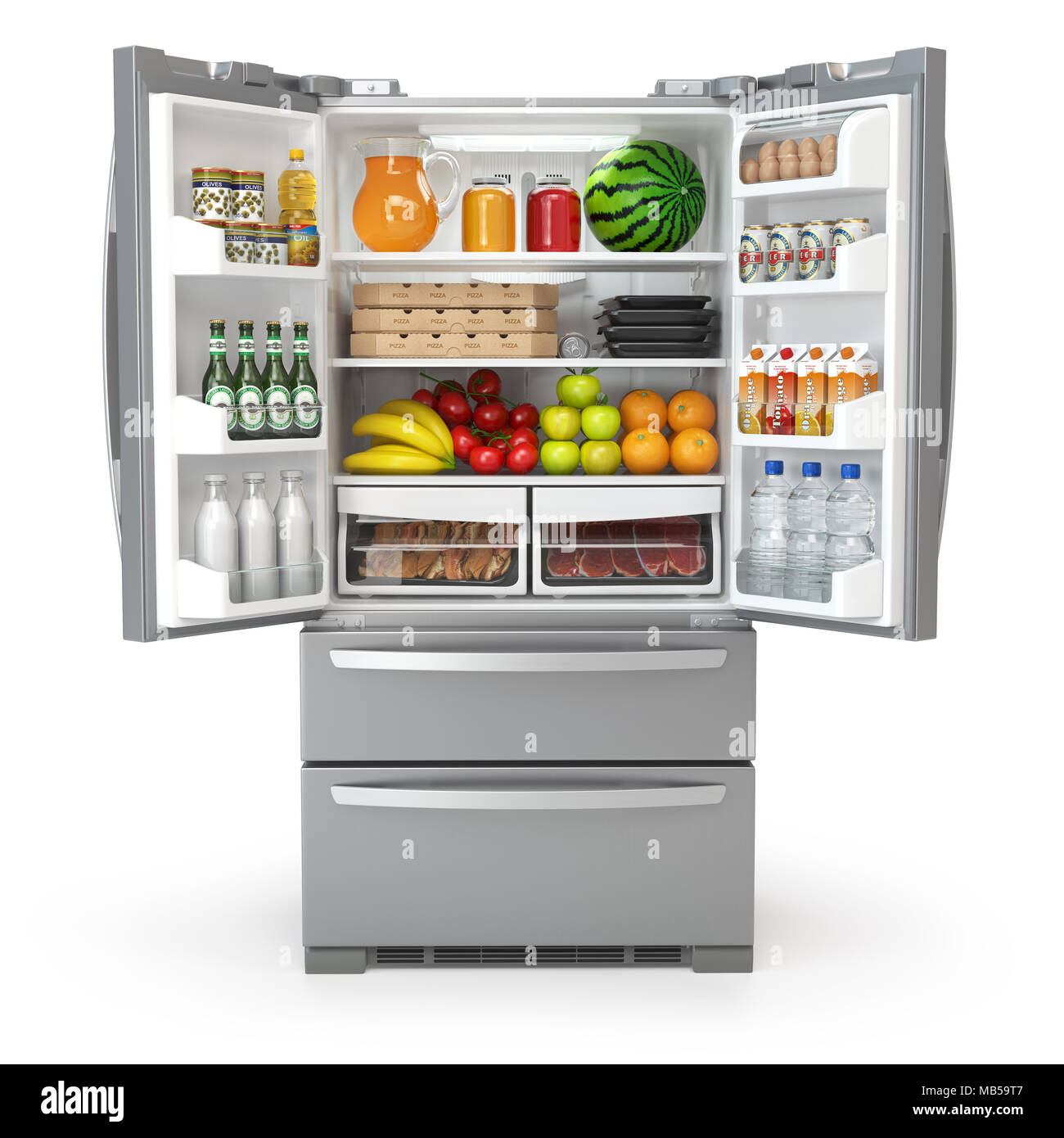 Open fridge refrigerator full of food and drinks isolated on white ...