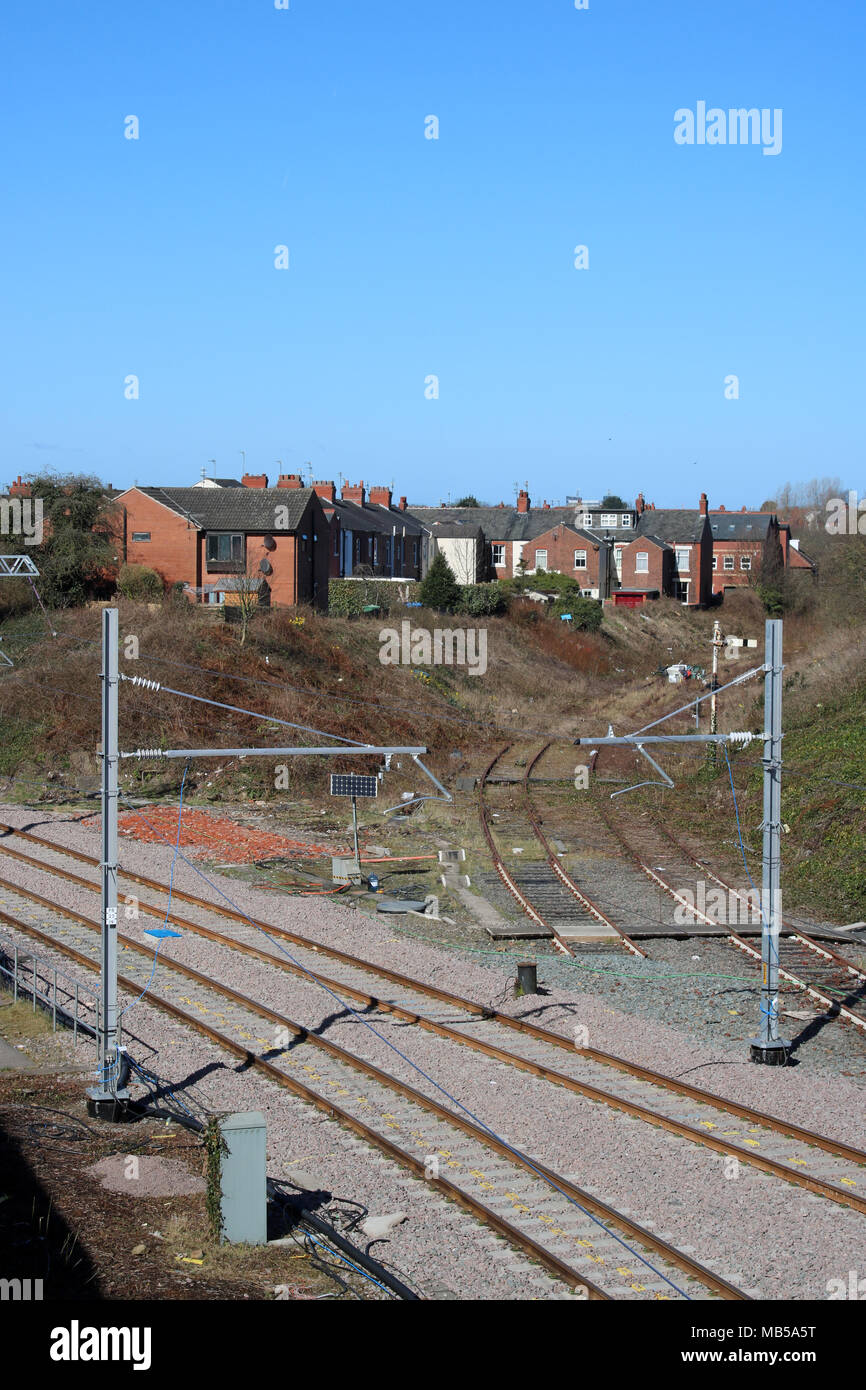Rail electrification with new overhead wires on the railway at Poulton ...