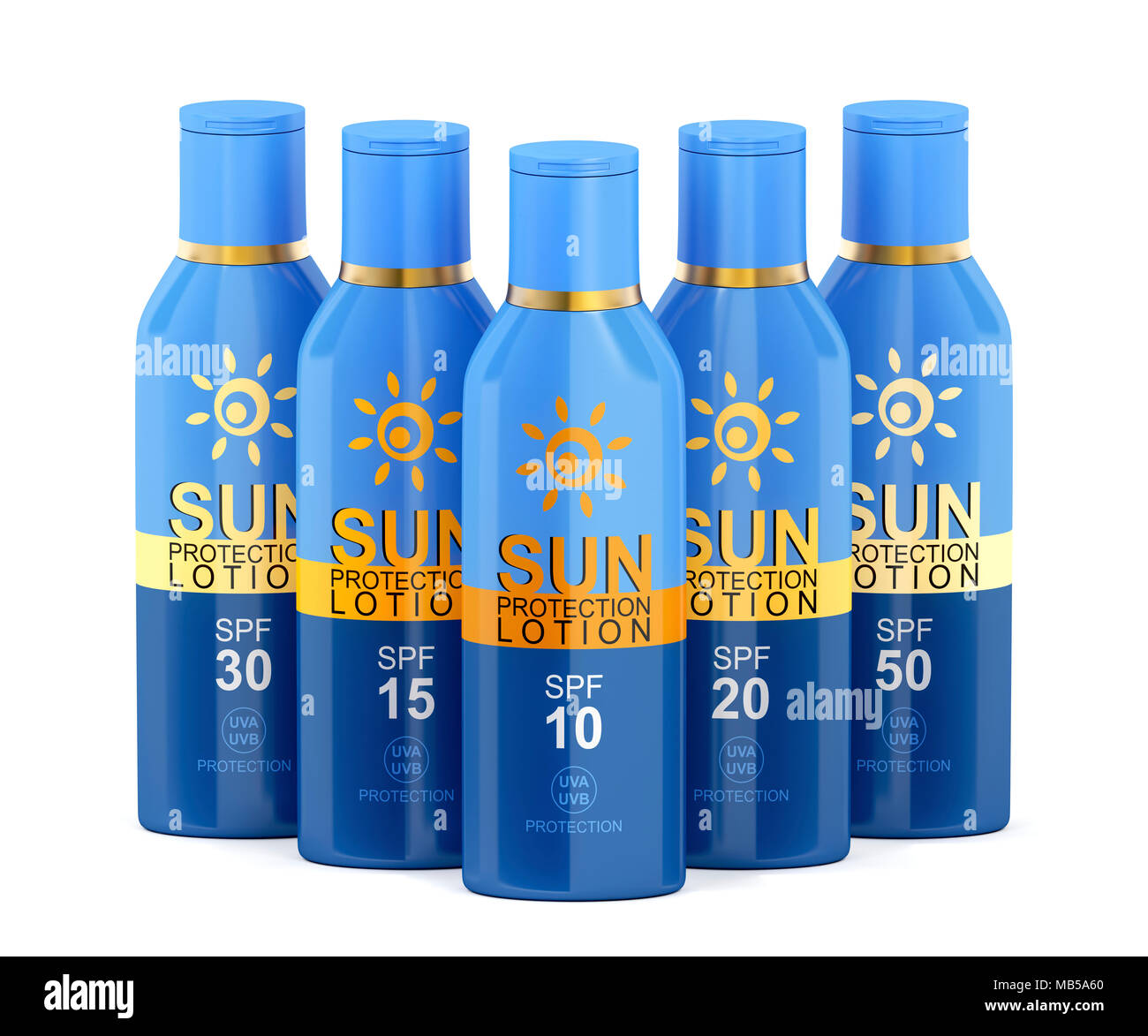 Sunscreen lotions with different SPF numbers on white background Stock ...