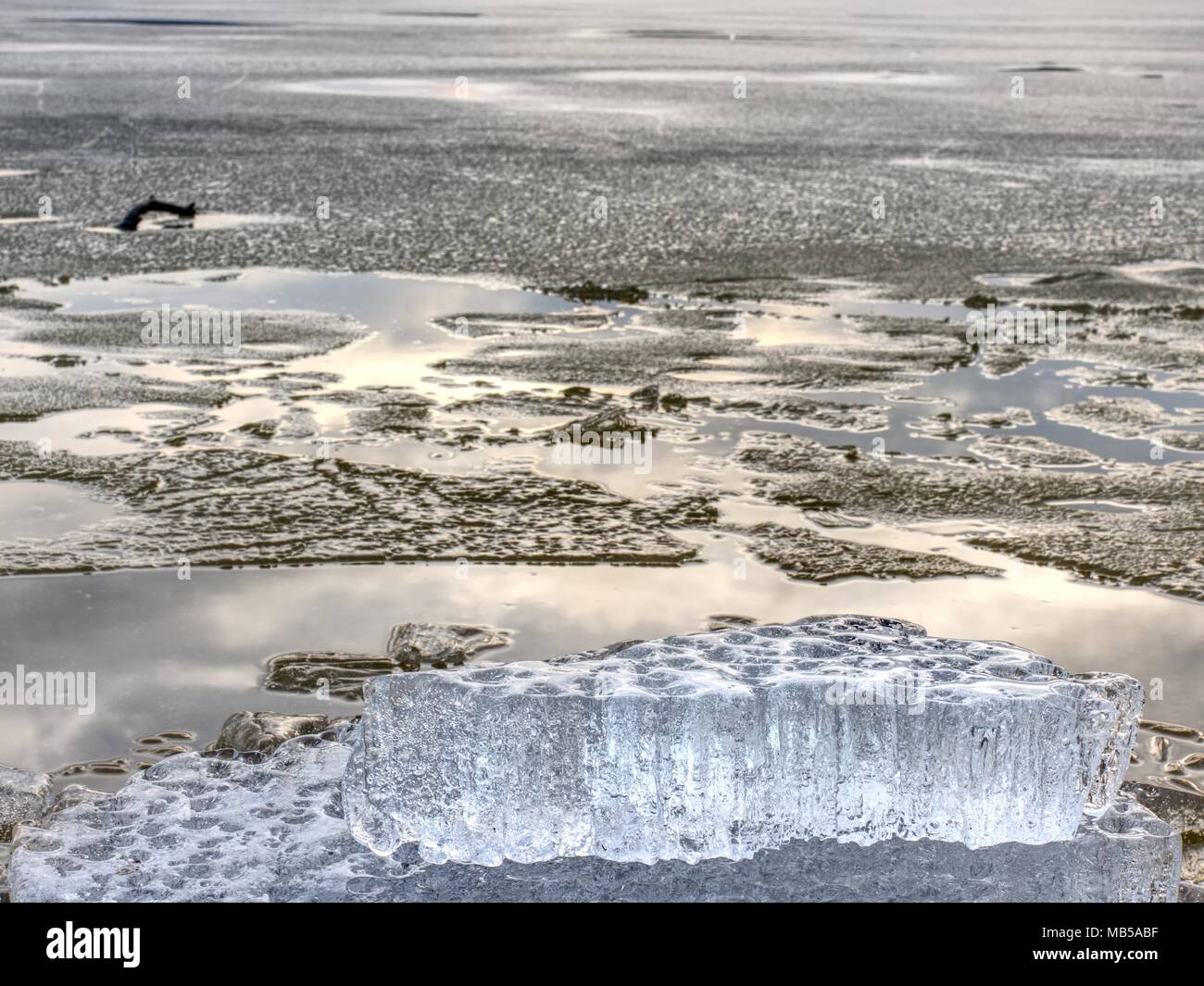 Exposed shore under melting ice. Close up view to border between ice ...
