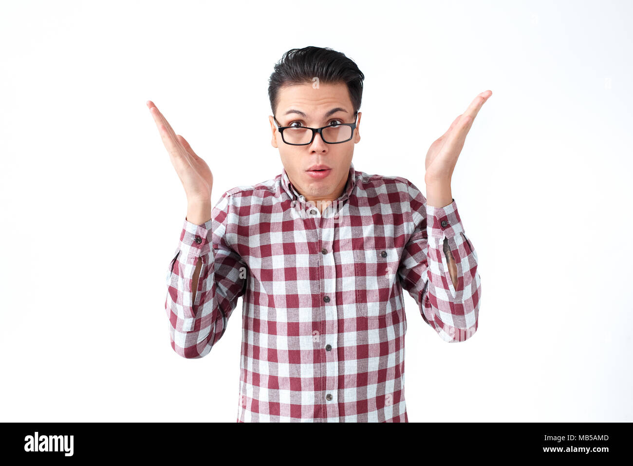 How it's possible? Wondered man looking at camera. Funny emotions and ...