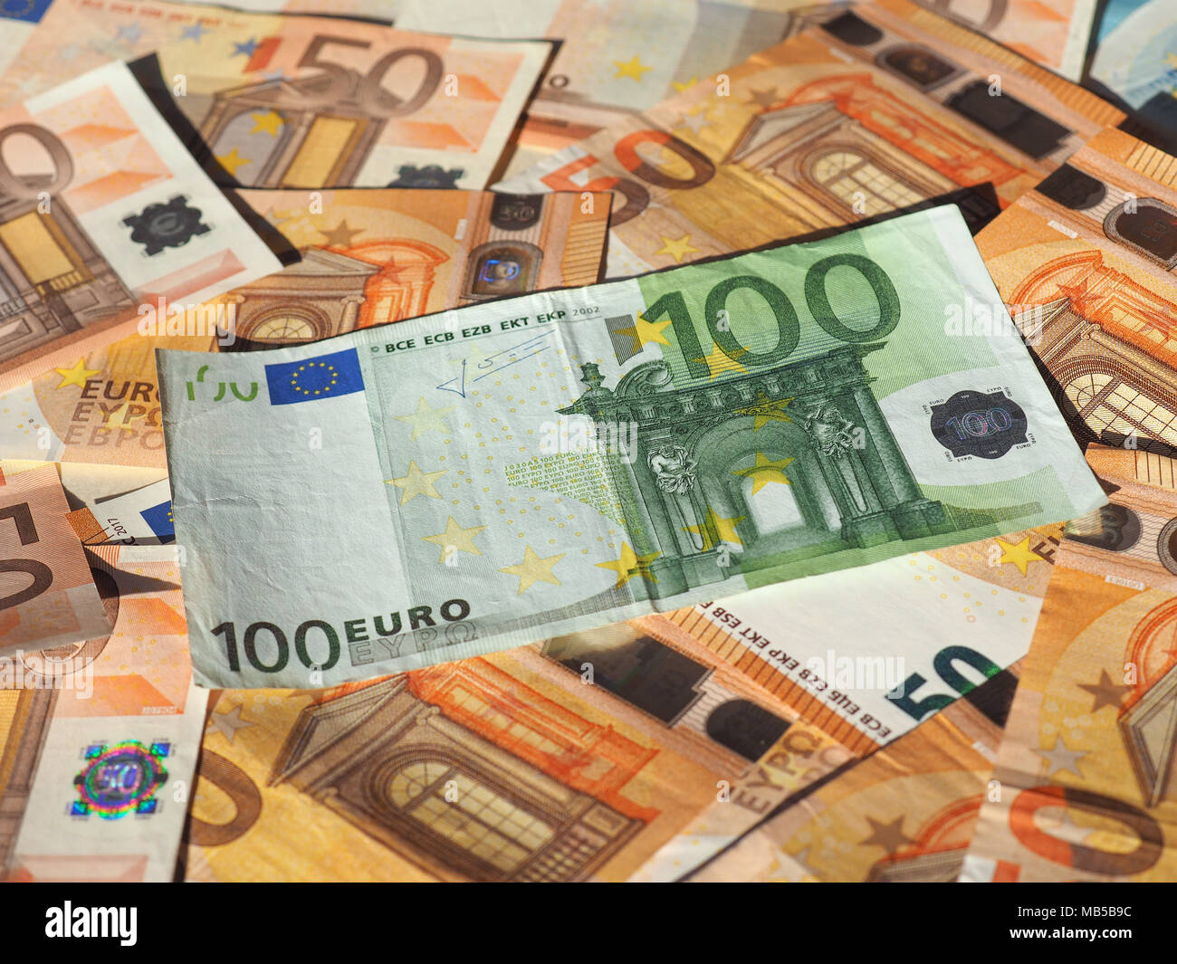 Fifty and One Hundred Euro banknotes money (EUR), currency of European ...