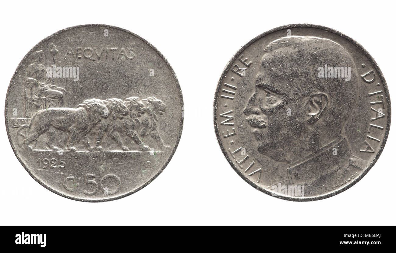 Old Italian Lira 50 cents coin with Victor Emmanuel III King and ...