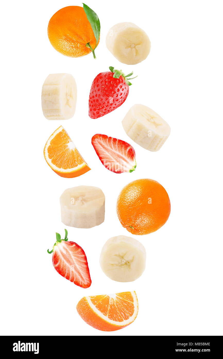 Isolated flying fruits. Falling fruit isolated on white background with ...