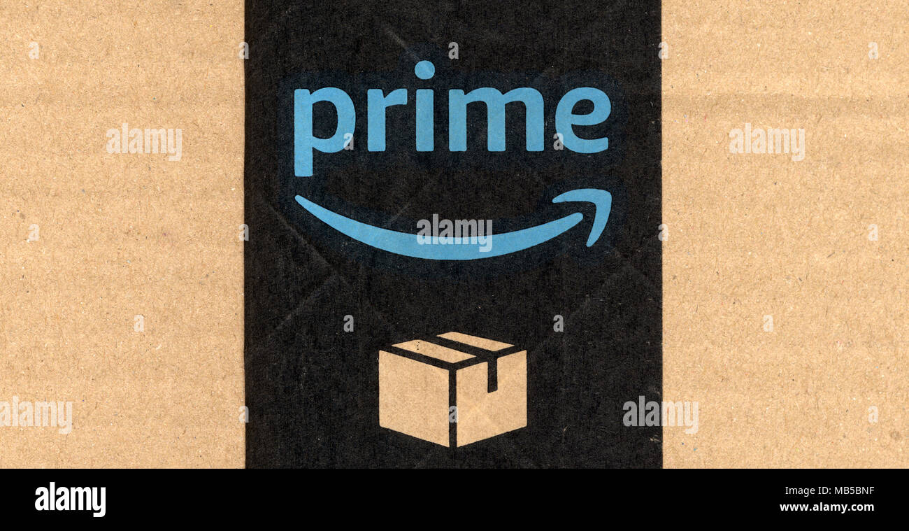 SEATTLE, USA - CIRCA DECEMBER 2017: Amazon prime label on a parcel ...