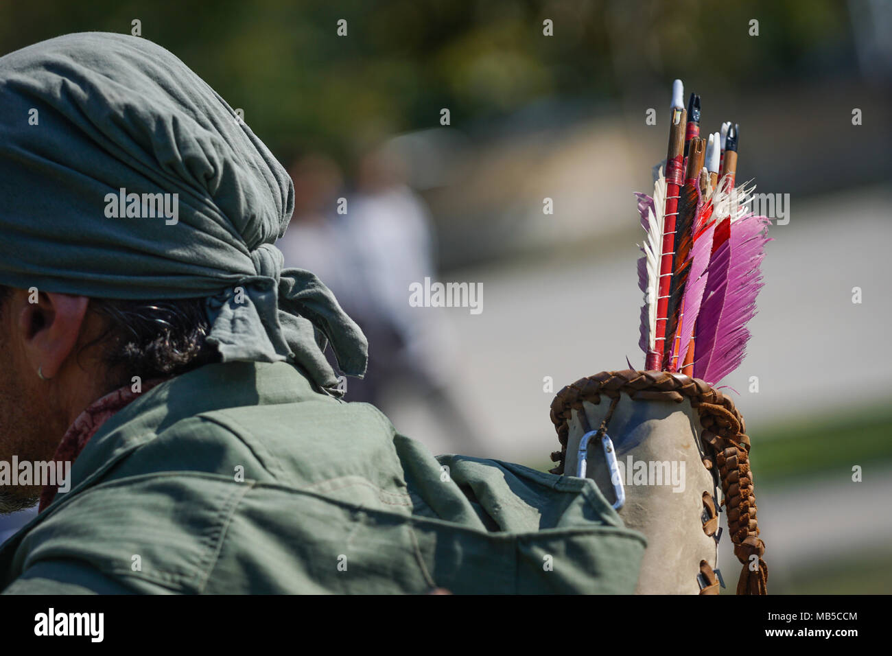Old style wooden arrows in the case on back of an archer Stock Photo ...