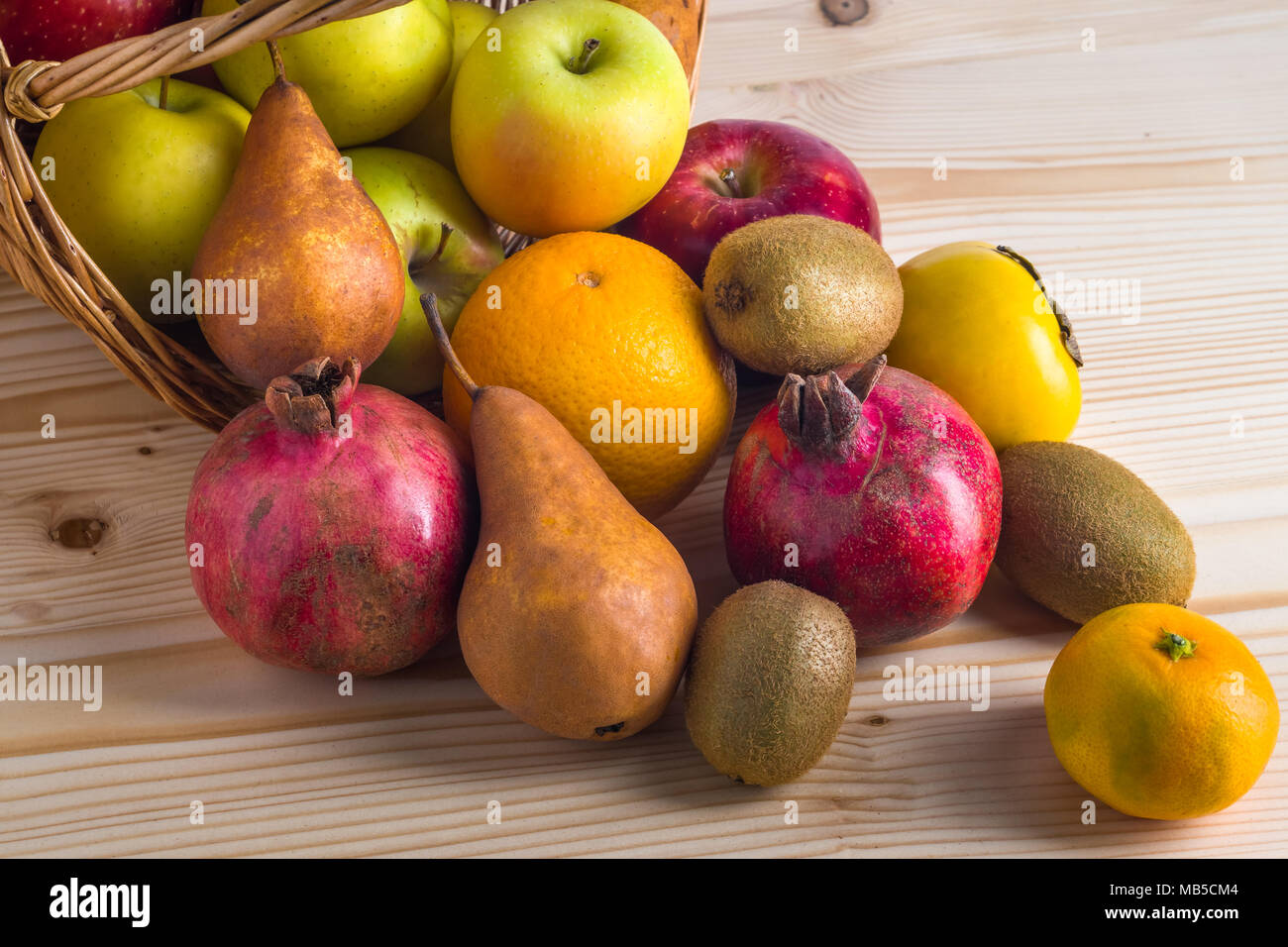 Composition with assorted fruits in wicker basket, healthy life Stock ...