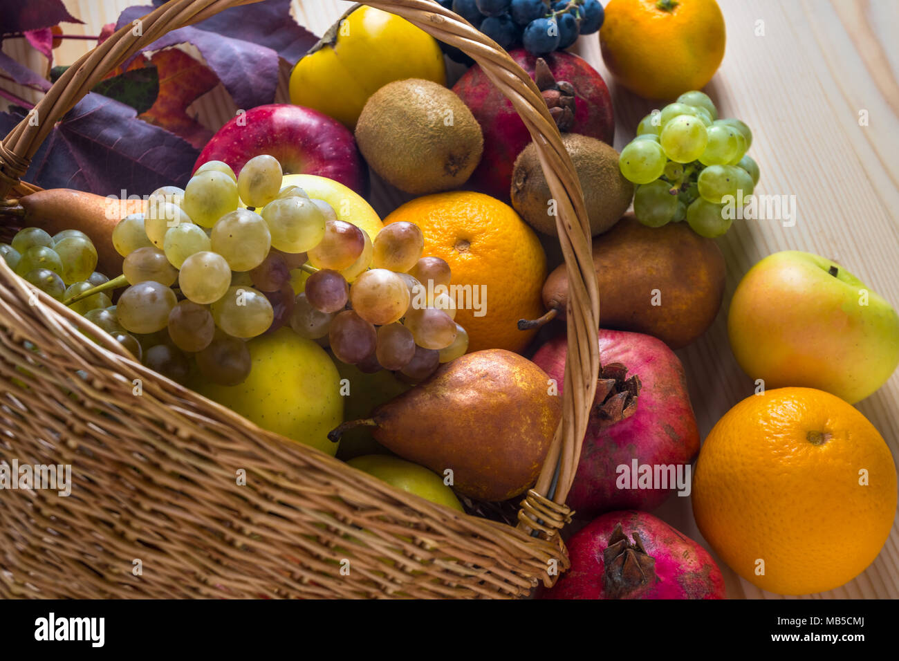 Composition with assorted fruits in wicker basket, healthy life Stock ...