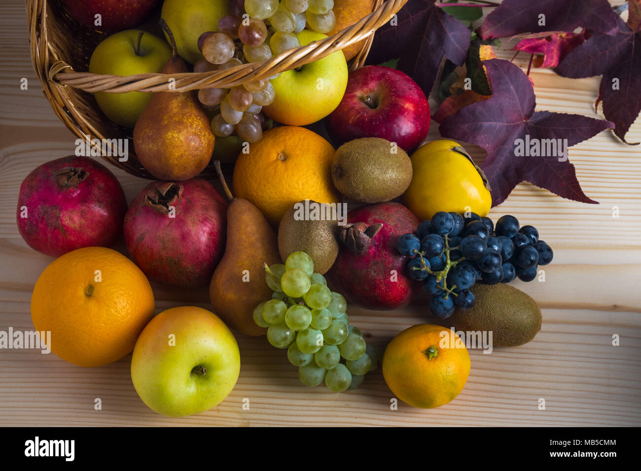 Composition with assorted fruits in wicker basket, healthy life Stock ...