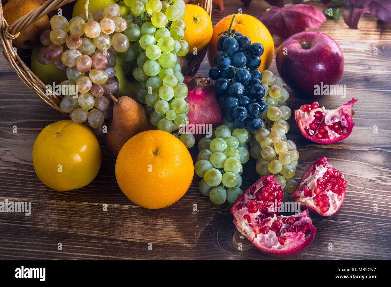 Composition with assorted fruits in wicker basket, healthy life Stock ...