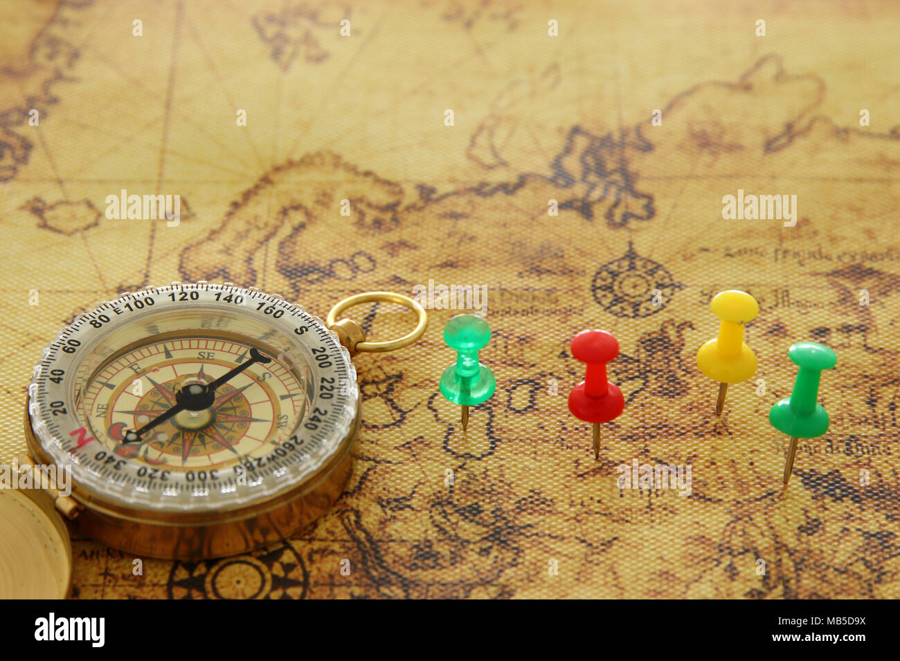 Image of pins attached to map, showing location or travel destination ...