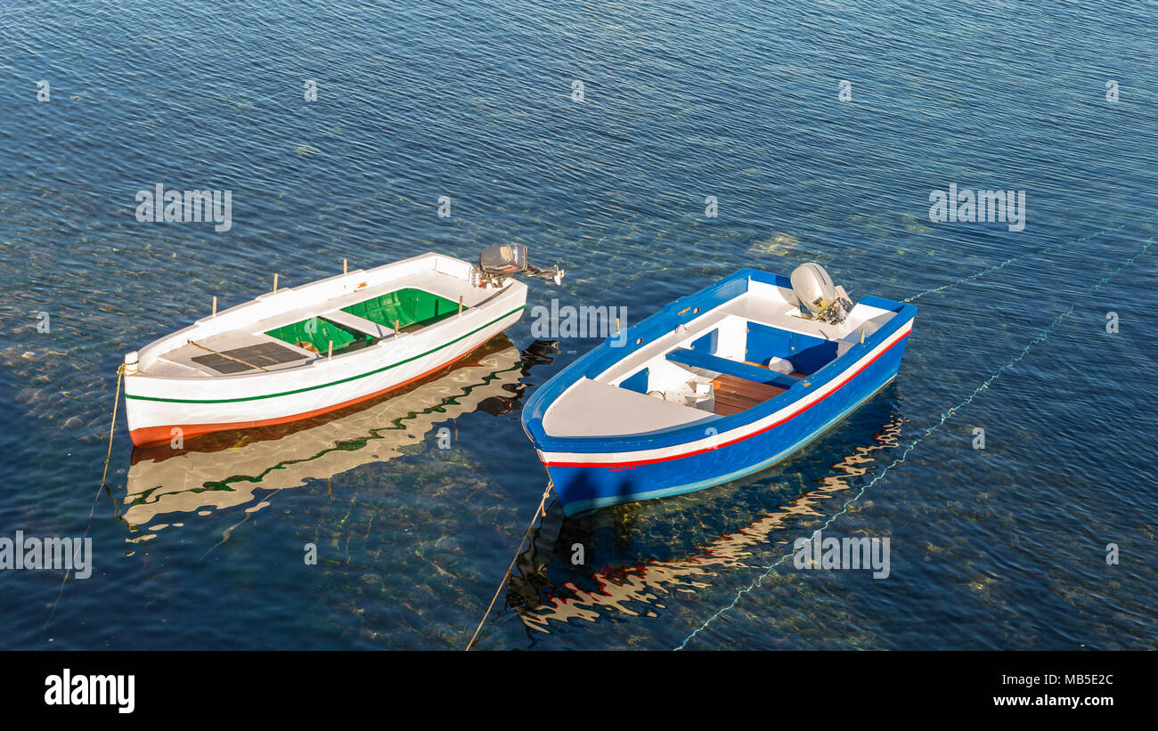 Small traditional fishing boat, made of wood, coloured, painted, Sicily ...