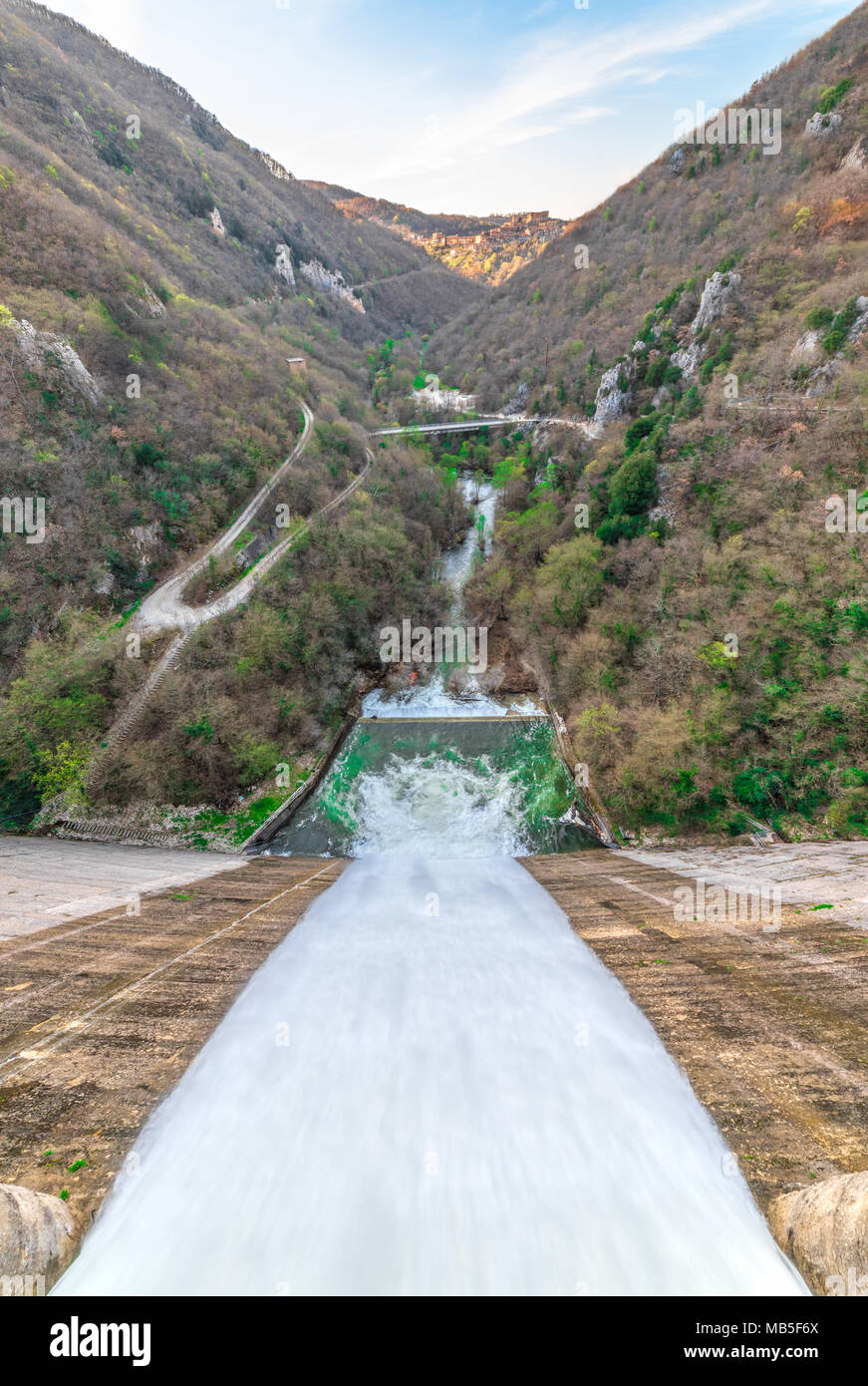 Turano lake (Rieti, Italy) with artificial dike and the town of Castel ...