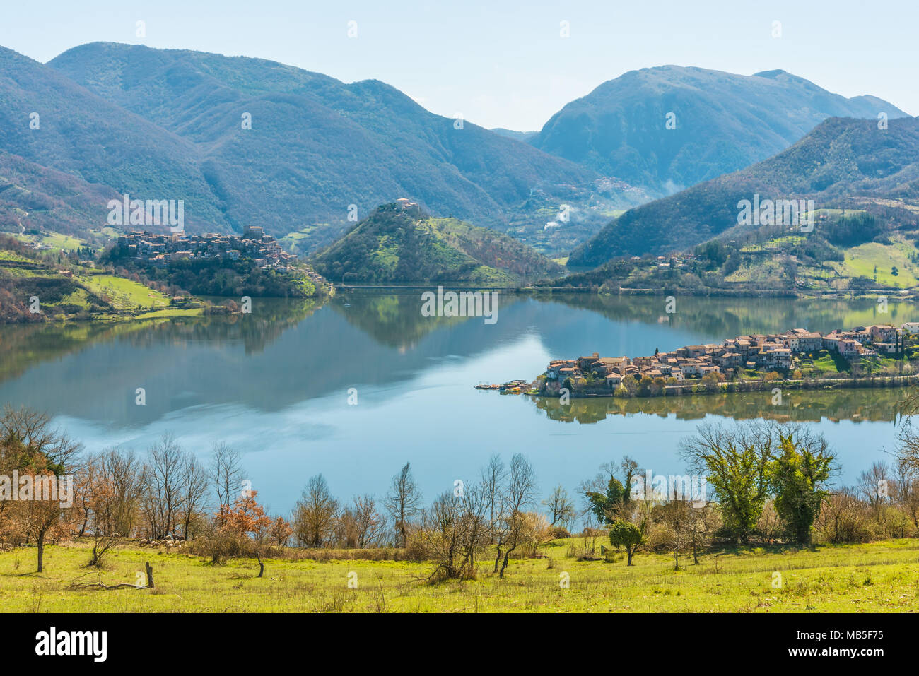 Turano lake (Rieti, Italy) with artificial dike and the town of Castel ...