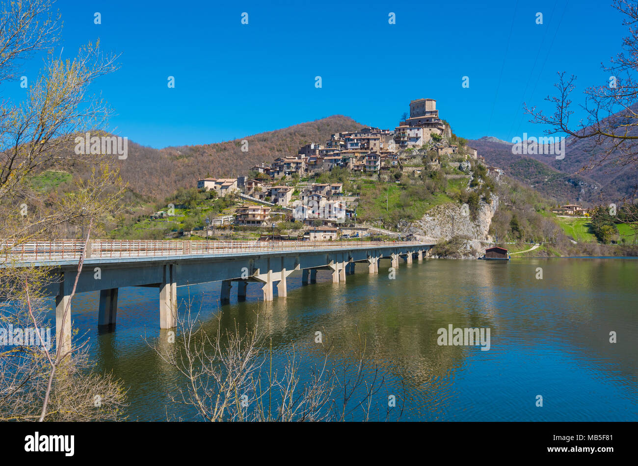 Turano lake (Rieti, Italy) with artificial dike and the town of Castel ...