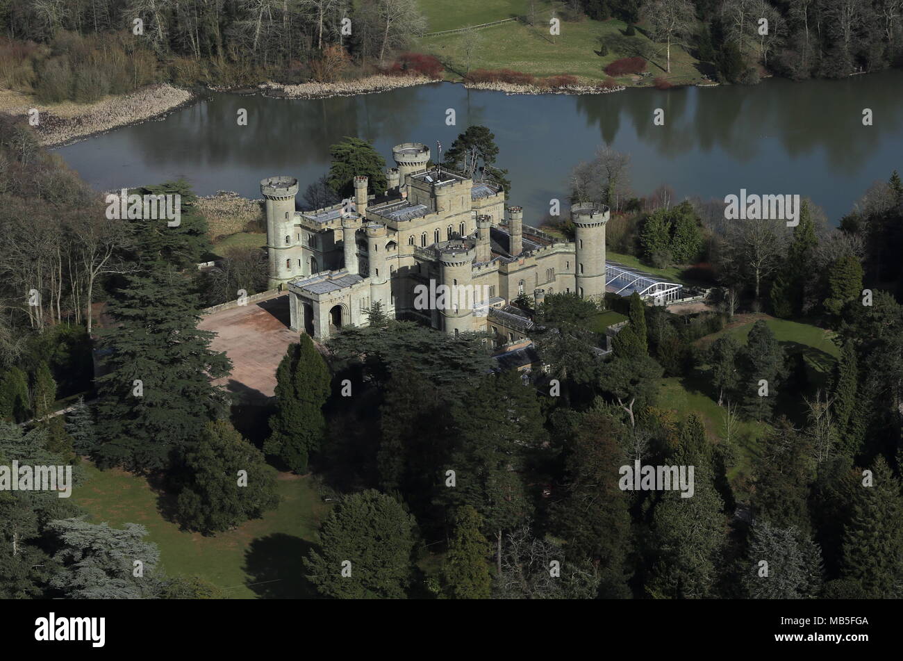 Aerial view of Eastnor Castle, near the market town of Ledbury in ...