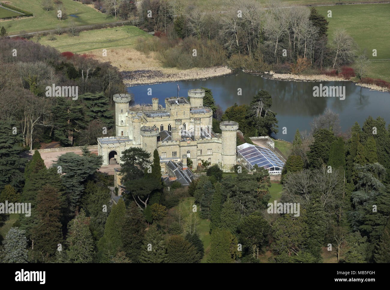 Aerial view of Eastnor Castle, near the market town of Ledbury in ...