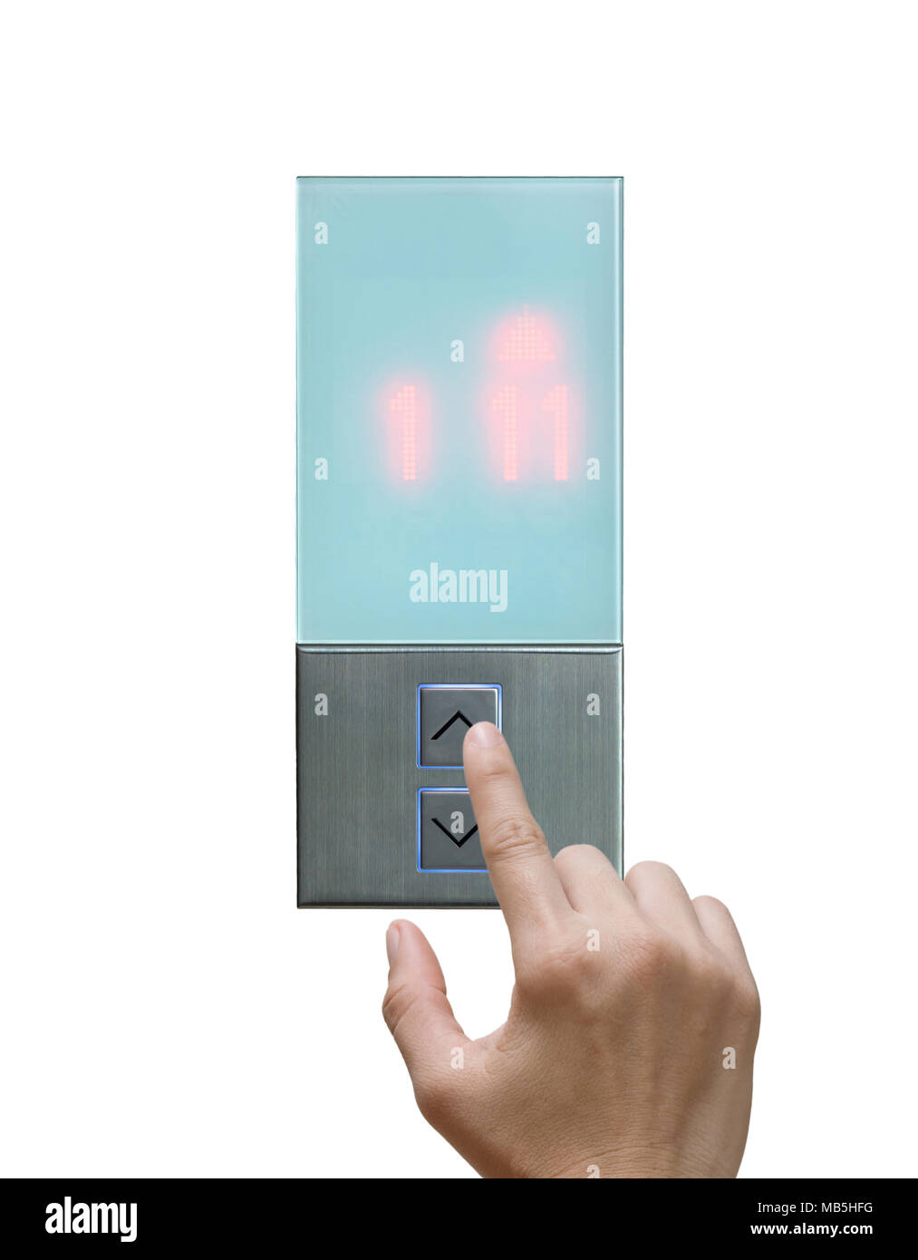 Hand touch the Elevator Button up direction on white background Stock ...