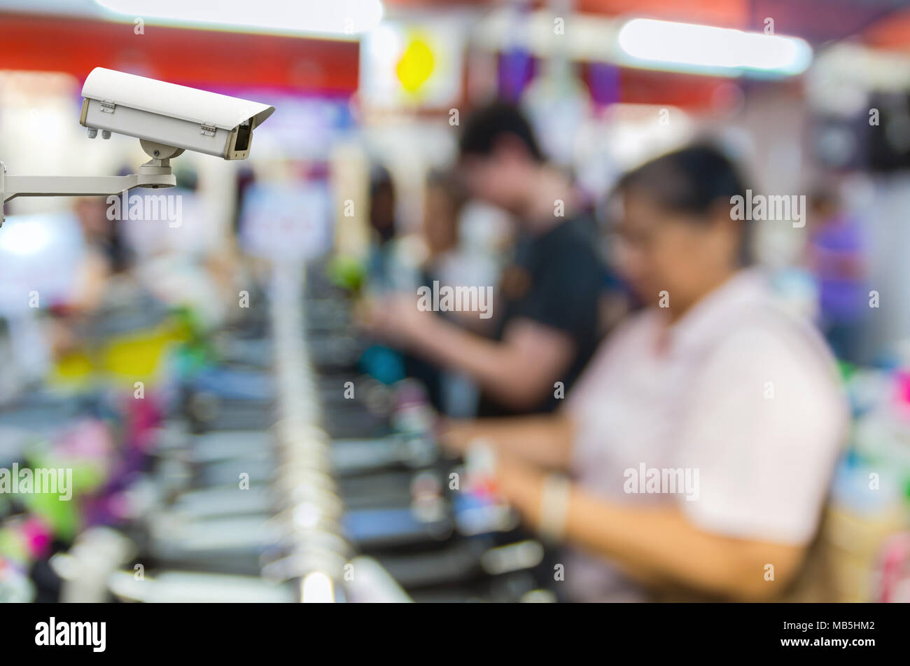 CCTV security camera on monitor the Abstract blurred photo of store blur with customer choose ...