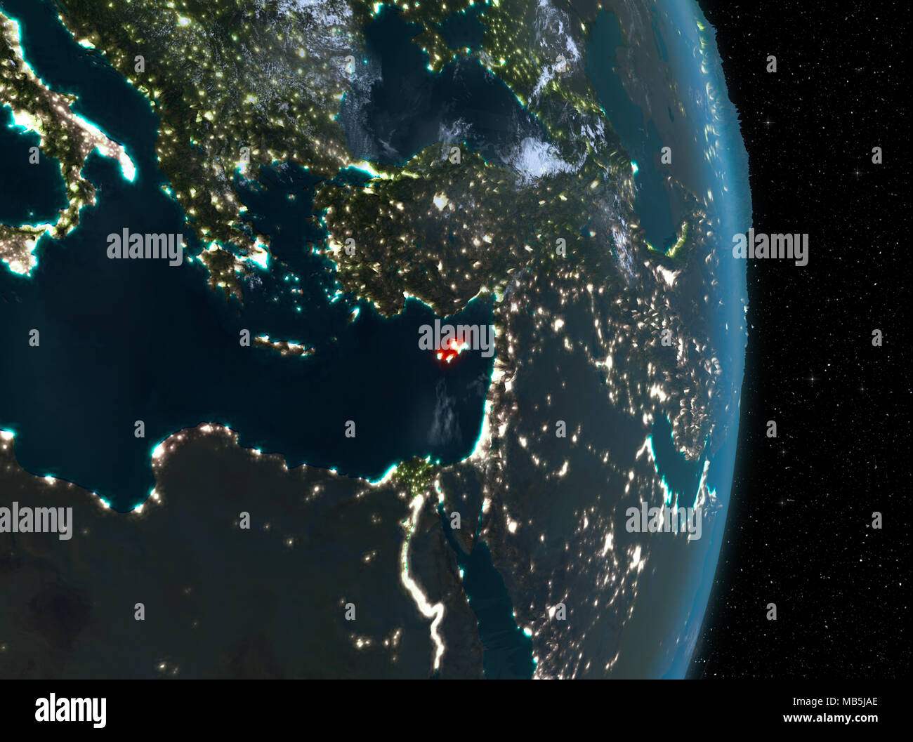 Cyprus from orbit of planet Earth with clouds at night with highly ...