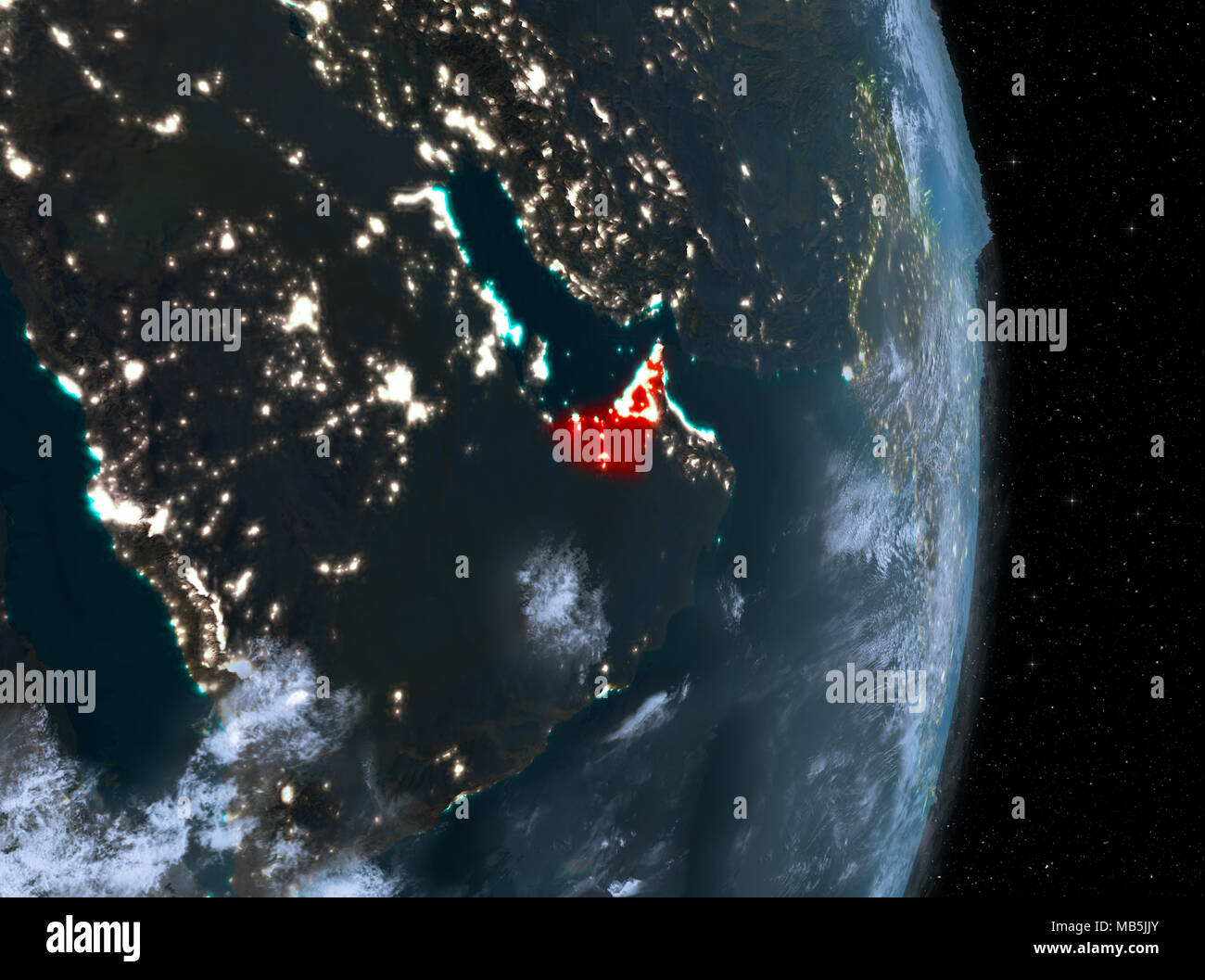 United Arab Emirates from orbit of planet Earth with clouds at night ...