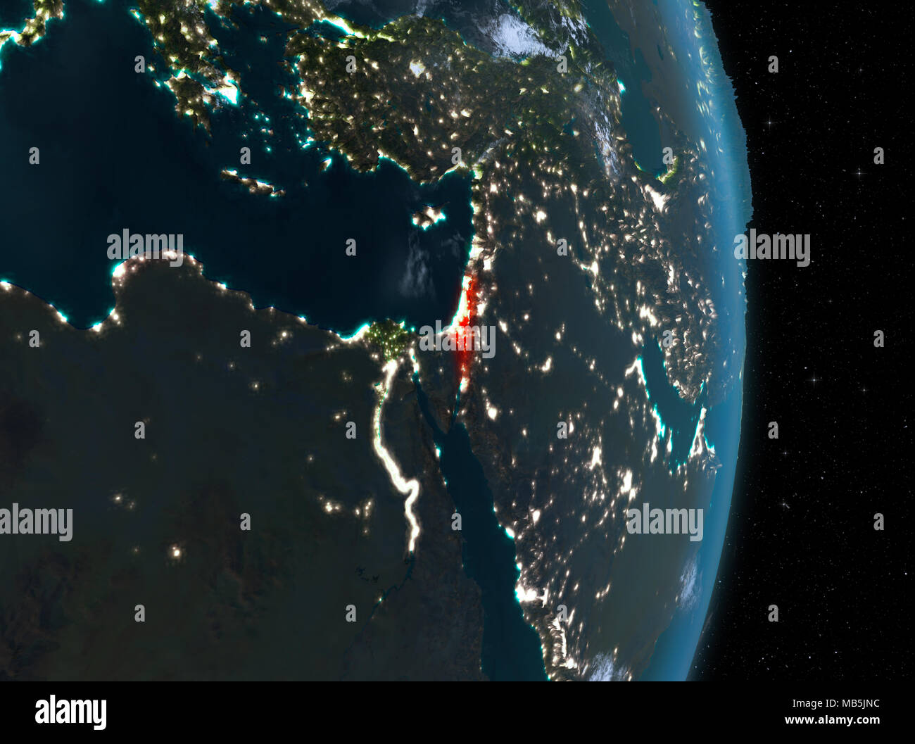 Israel from orbit of planet Earth with clouds at night with highly ...