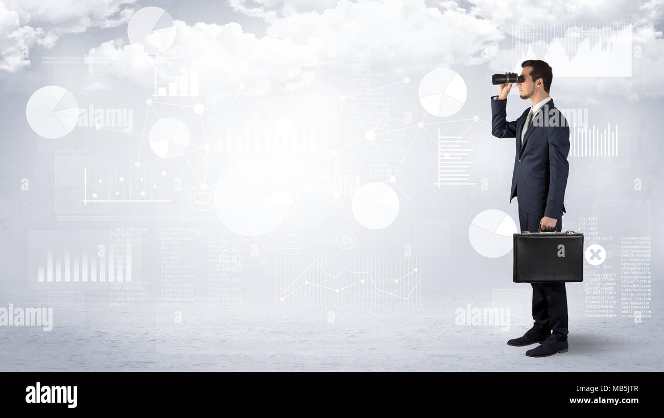 Businessman looking forward with binoculars cloudy background and ...