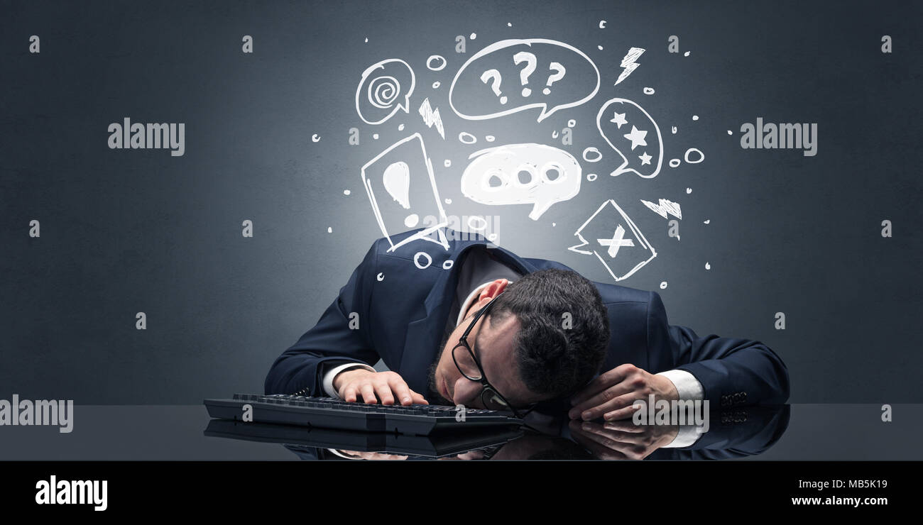 Elegant teacher fell asleep at his workplace with full draw blackboard ...