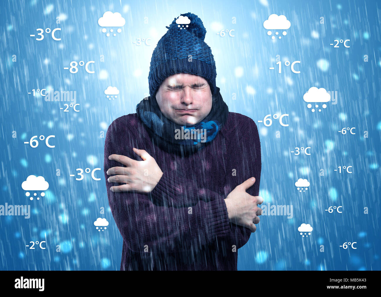 Young man freezing in warm clothing with weather condition and forecast ...