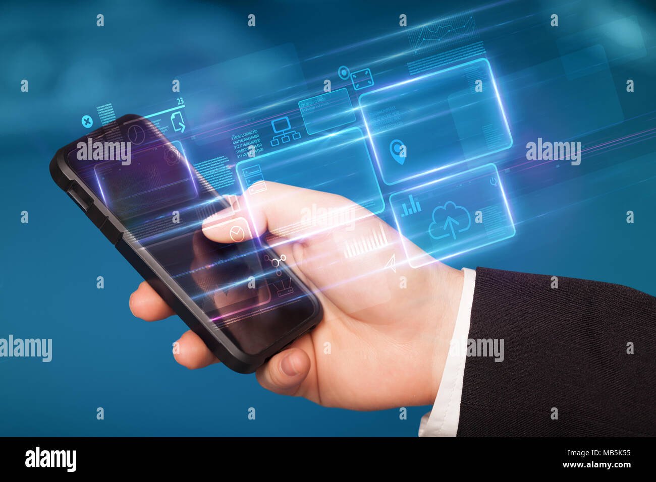 Hand using phone with database reports and online work concept Stock ...