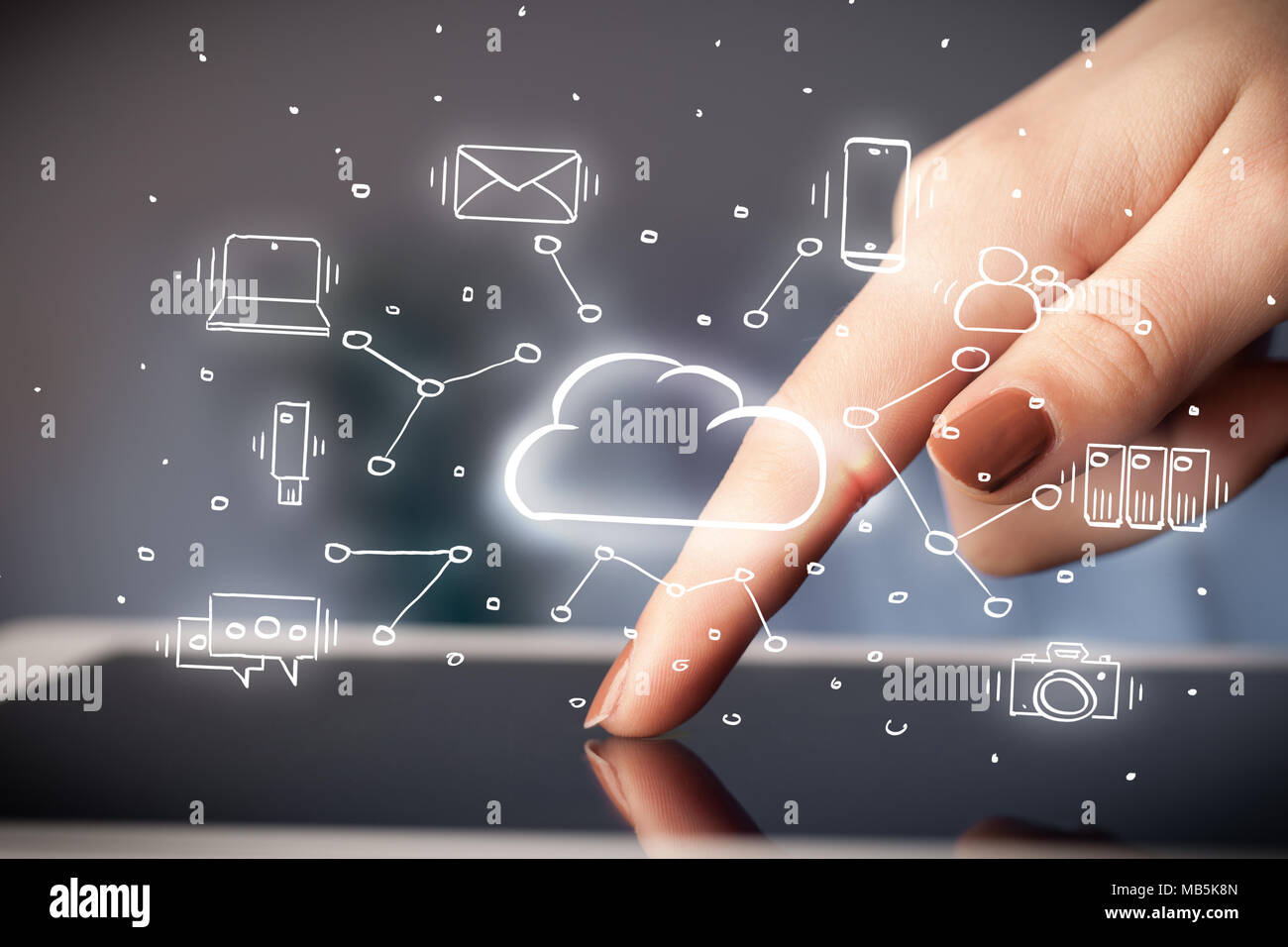 Hand working with cloud technology system and office symbol concept ...