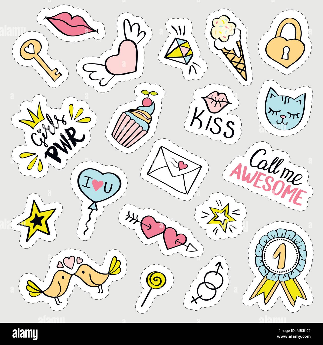 Fashion girly stickers set. Collection of hand drawn fancy doodle pins ...
